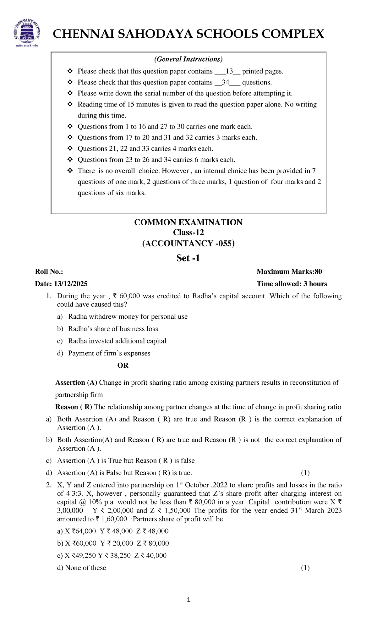 QP Accountancy (055) Class 12 Common Exam Instructions & Questions ...