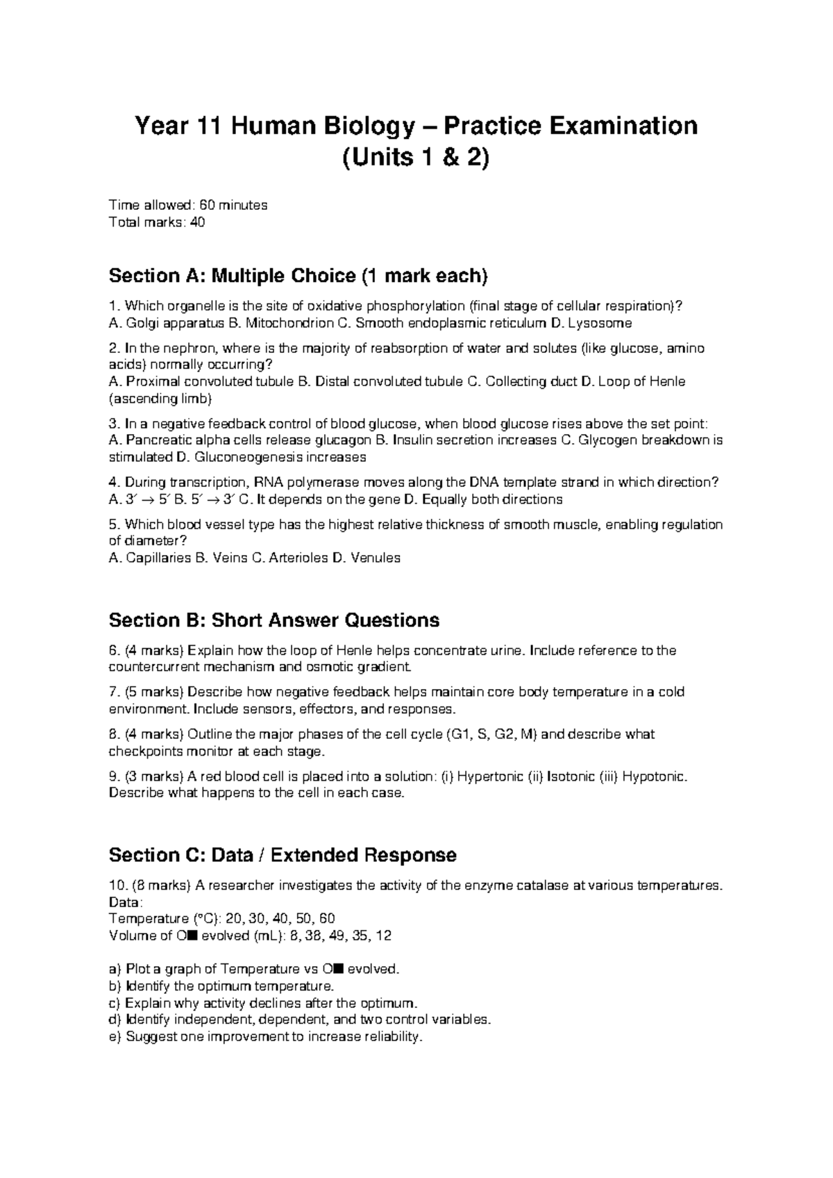 Y11 Human Biology Practice Exam (Units 1 & 2) - 60 Min Test - Studocu