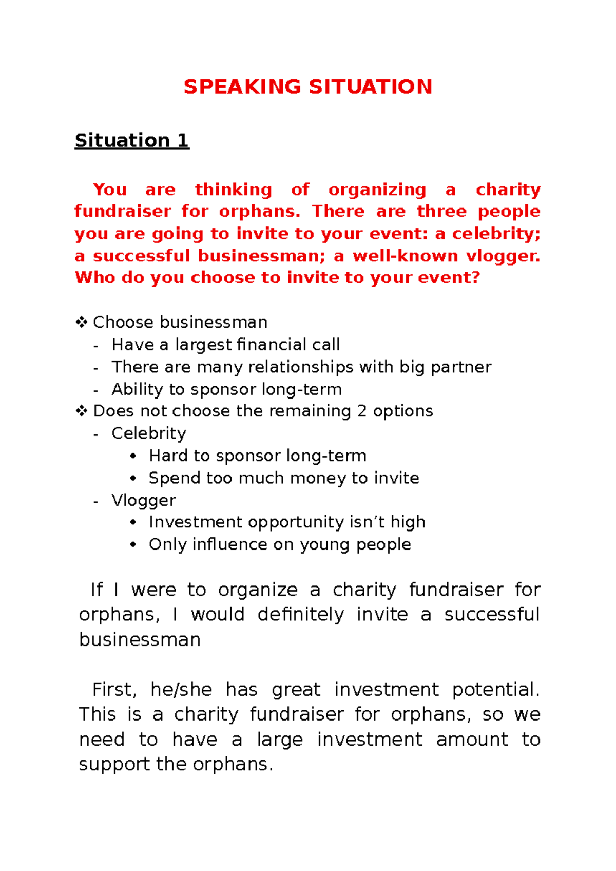 Speaking Situation Analysis: Charity Fundraiser, Family Events, and ...