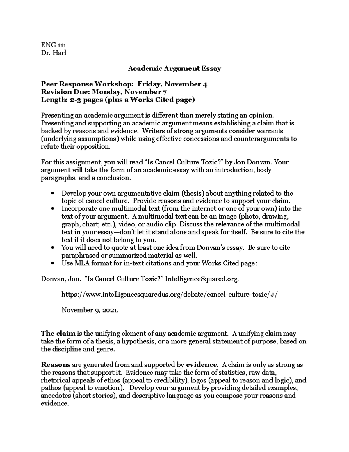 ENG 111 Academic Argument Essay on Cancel Culture - Studocu