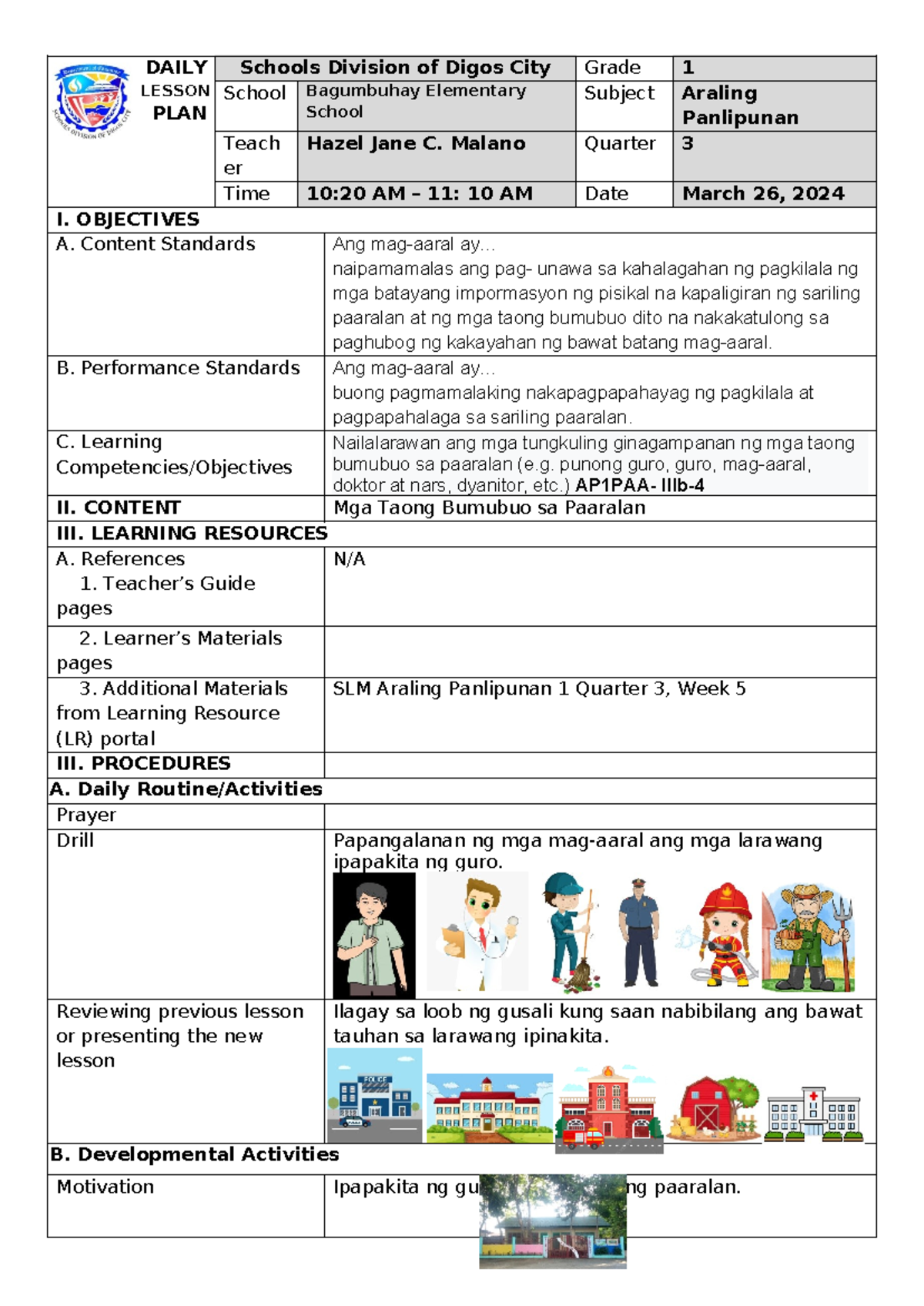DLP AP1 Q3 W5 - Daily Lesson Plan for Araling Panlipunan 1 Week 5 - Studocu