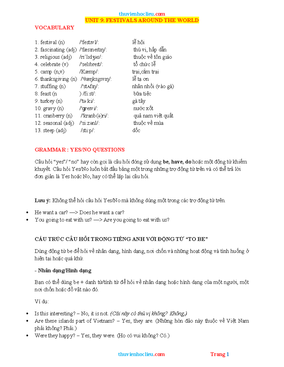 UNIT 9: FESTIVALS AROUND THE WORLD - VOCABULARY & GRAMMAR NOTES - Studocu