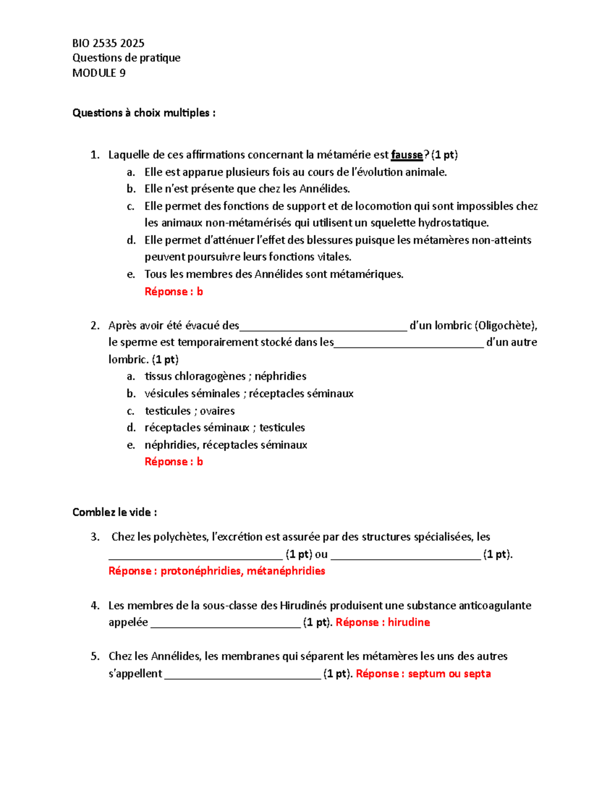 Module 9 Questions de pratique avec réponses - BIO 2535 2025 Questions ...