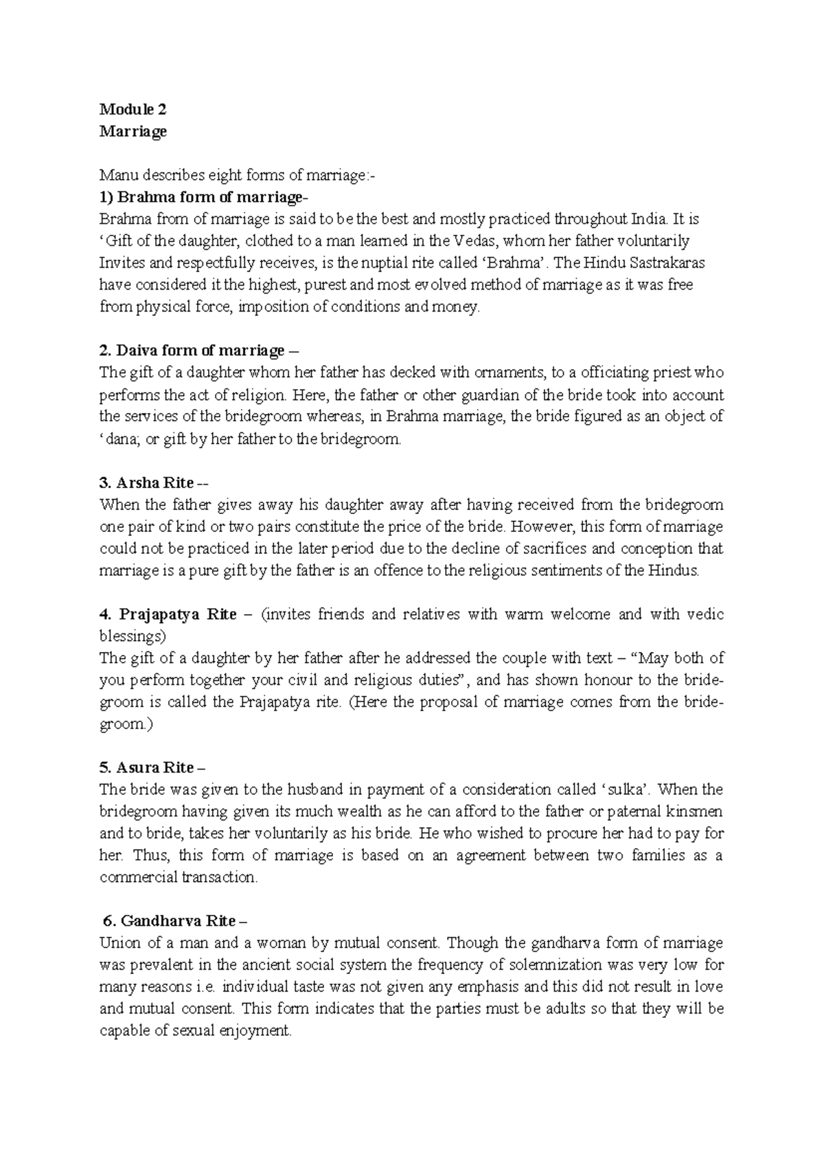 Hindu Marriage Forms and Legal Framework: An Overview (Module 2) - Studocu