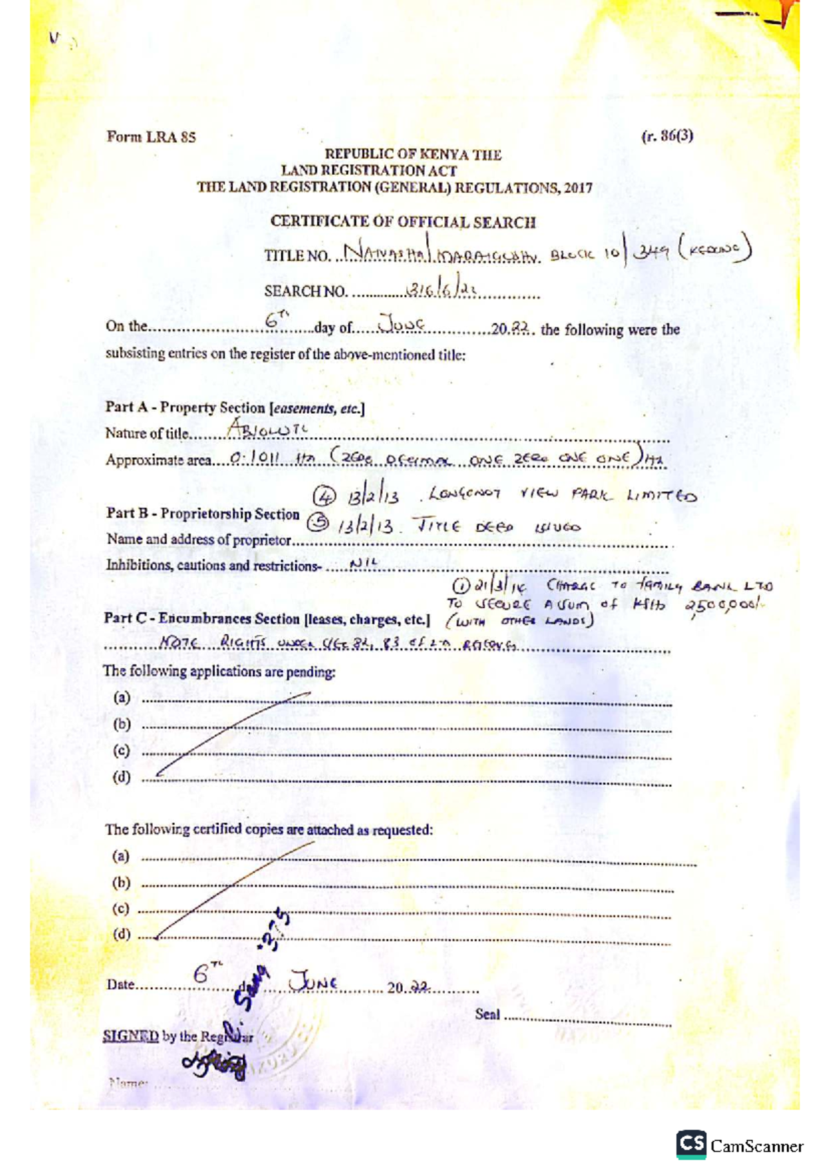 Land Search Certificate - Title No. Nanashe Maraigushu Block - Studocu