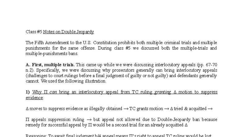 Class #5 Notes on Double Jeopardy: Fifth Amendment Insights - Studocu