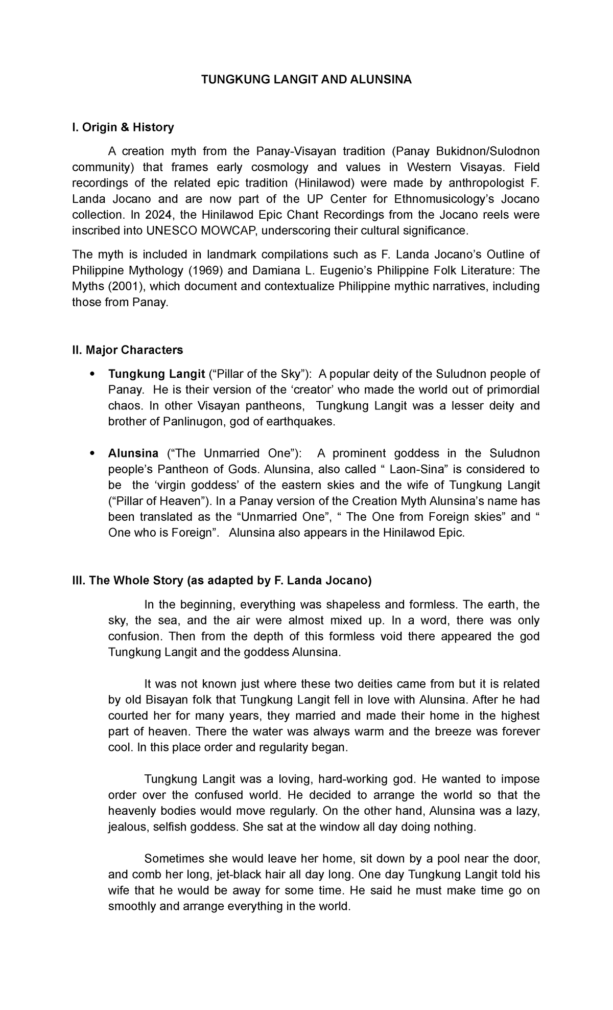 TUNGKUNG LANGIT AND ALUNSINA: Creation Myth of Panay (EL-112) - Studocu