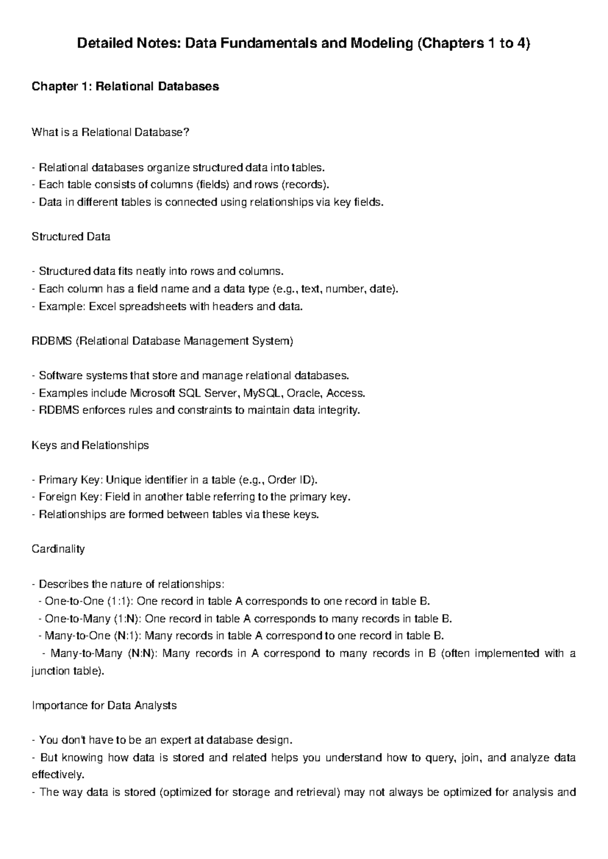 Data Fundamentals & Modeling Notes (Chapters 1-4) - Studocu