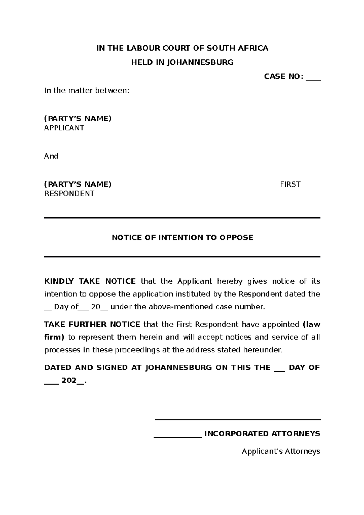 Notice of Intention to Oppose - O. Ndawo - Case No: ____ - Studocu