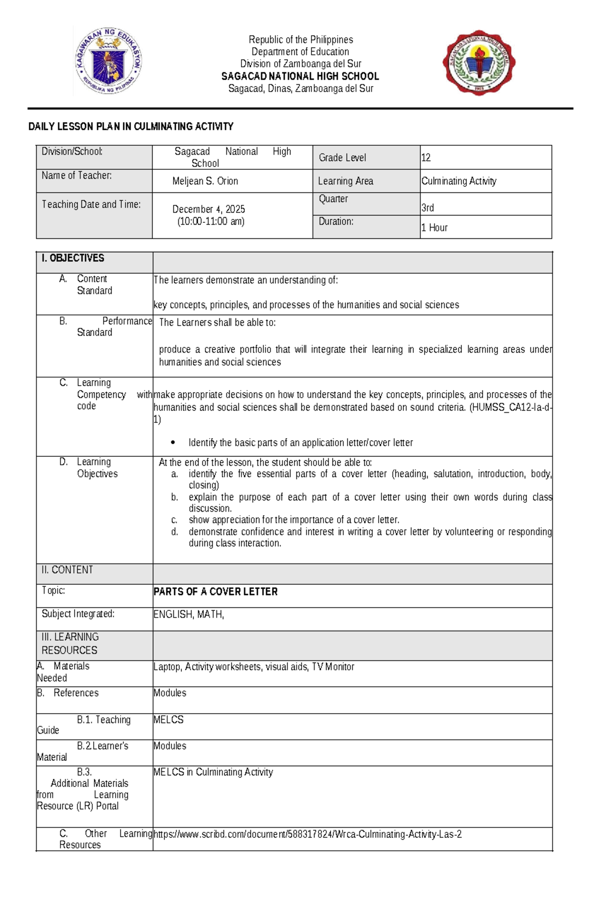 DAILY LESSON PLAN IN CULMINATING ACTIVITY (Grade 12) - Studocu