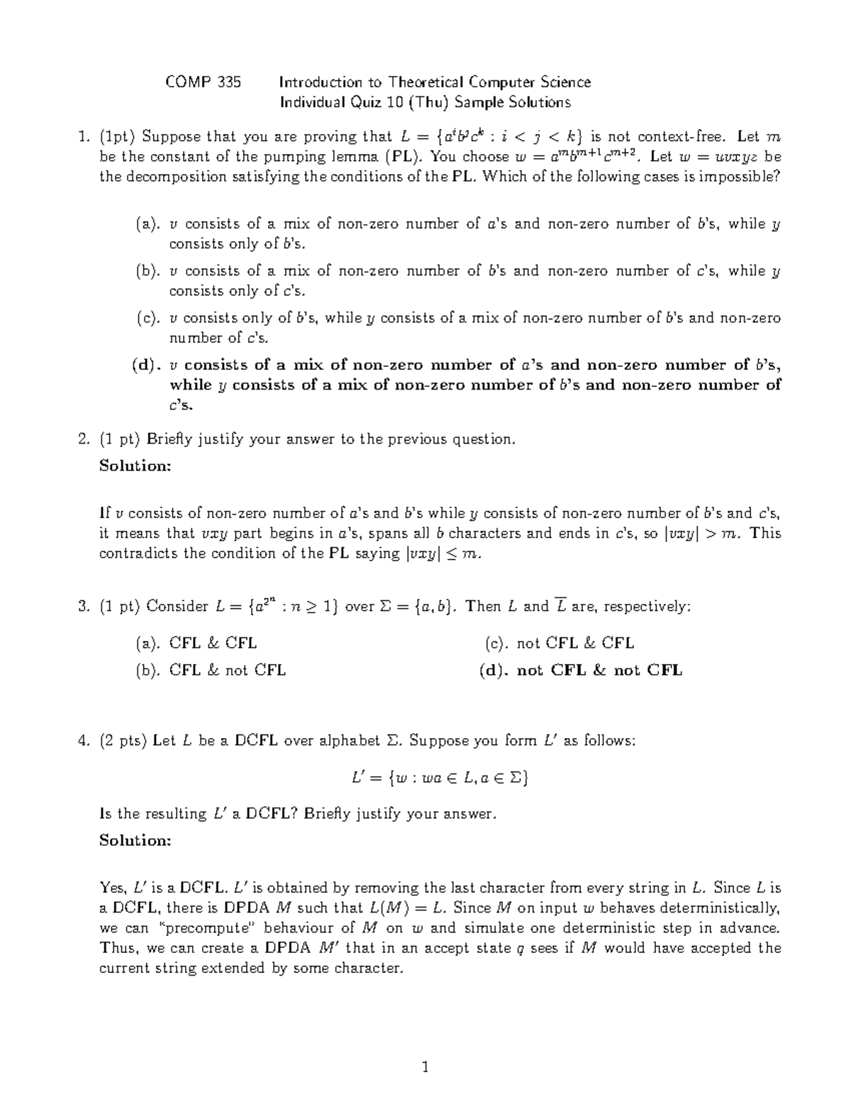 COMP 335 Individual Quiz 10 Sample Solutions - Studocu