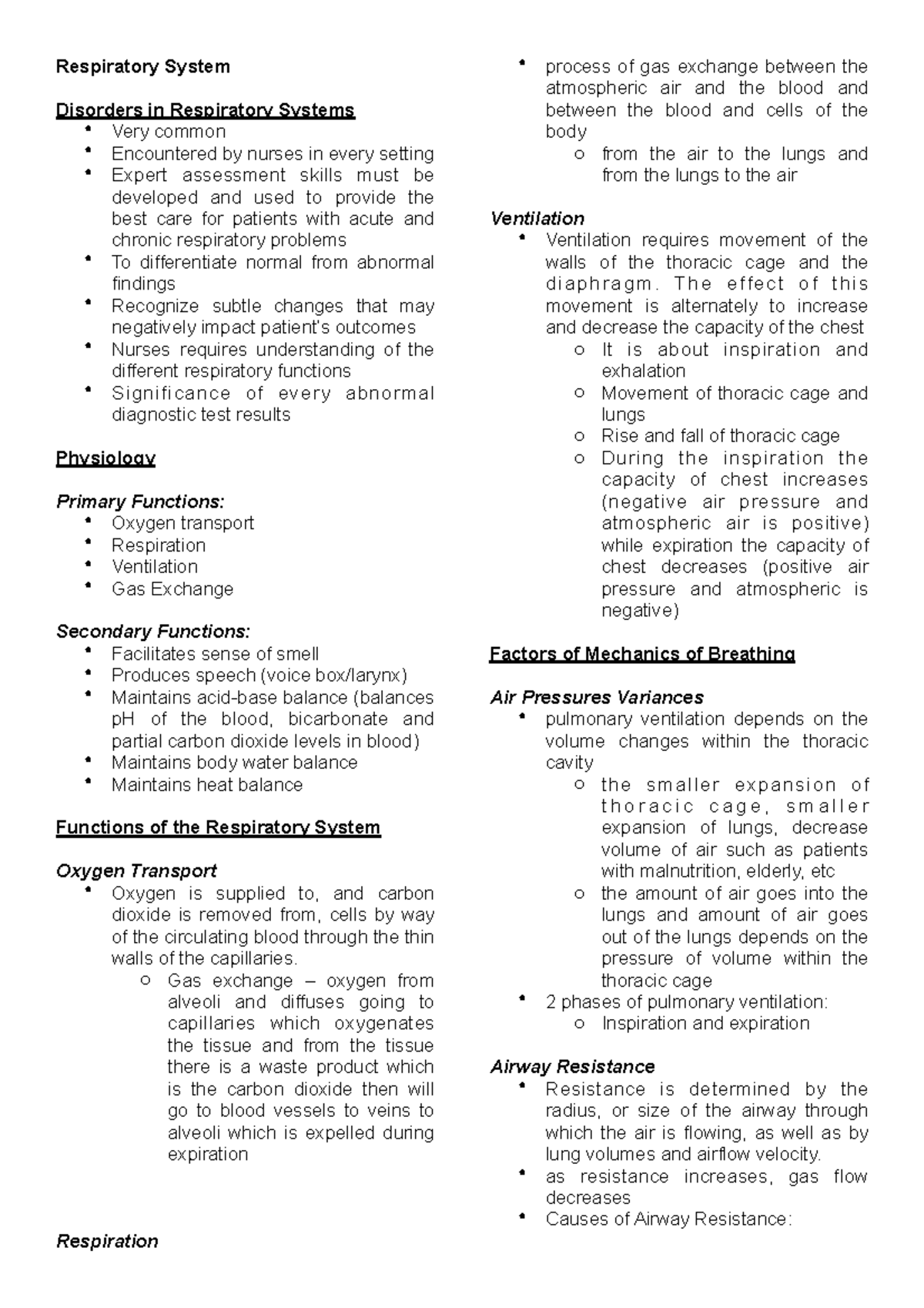 Respiratory-System Lecture Notes - Respiratory System Disorders in ...