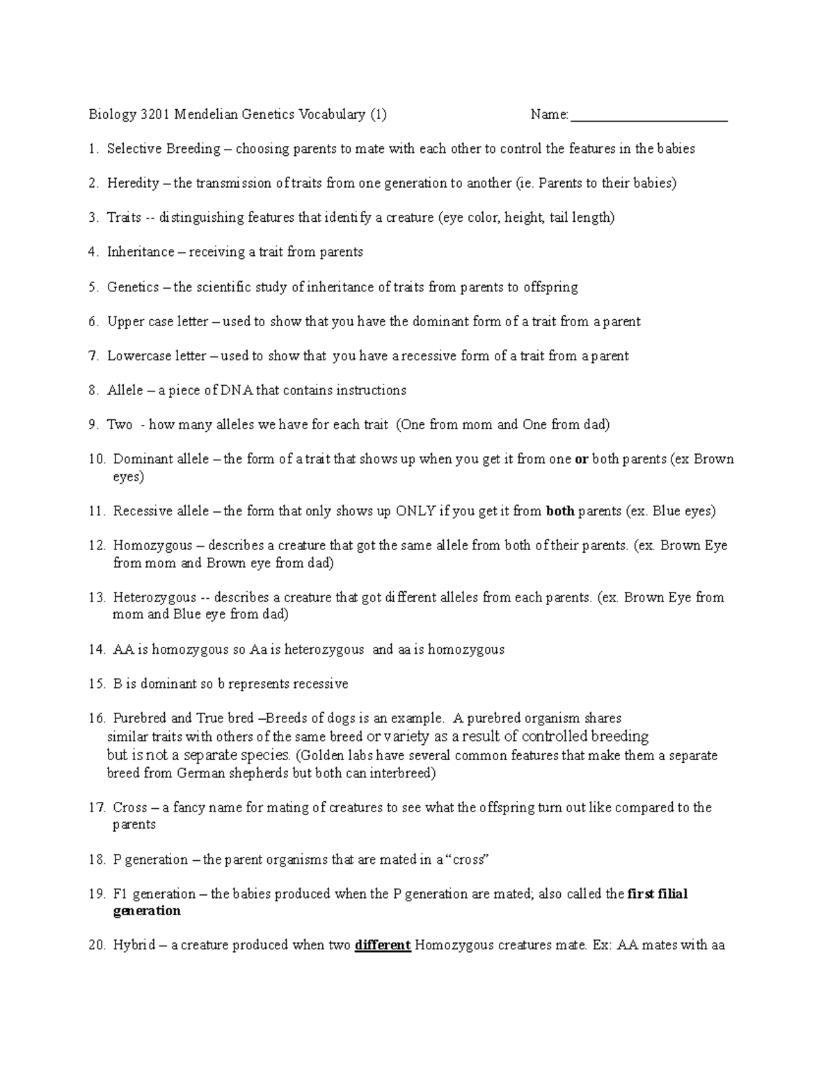 Biology 3201: Vocabulary for Mendelian Genetics Quiz Preparation - Studocu