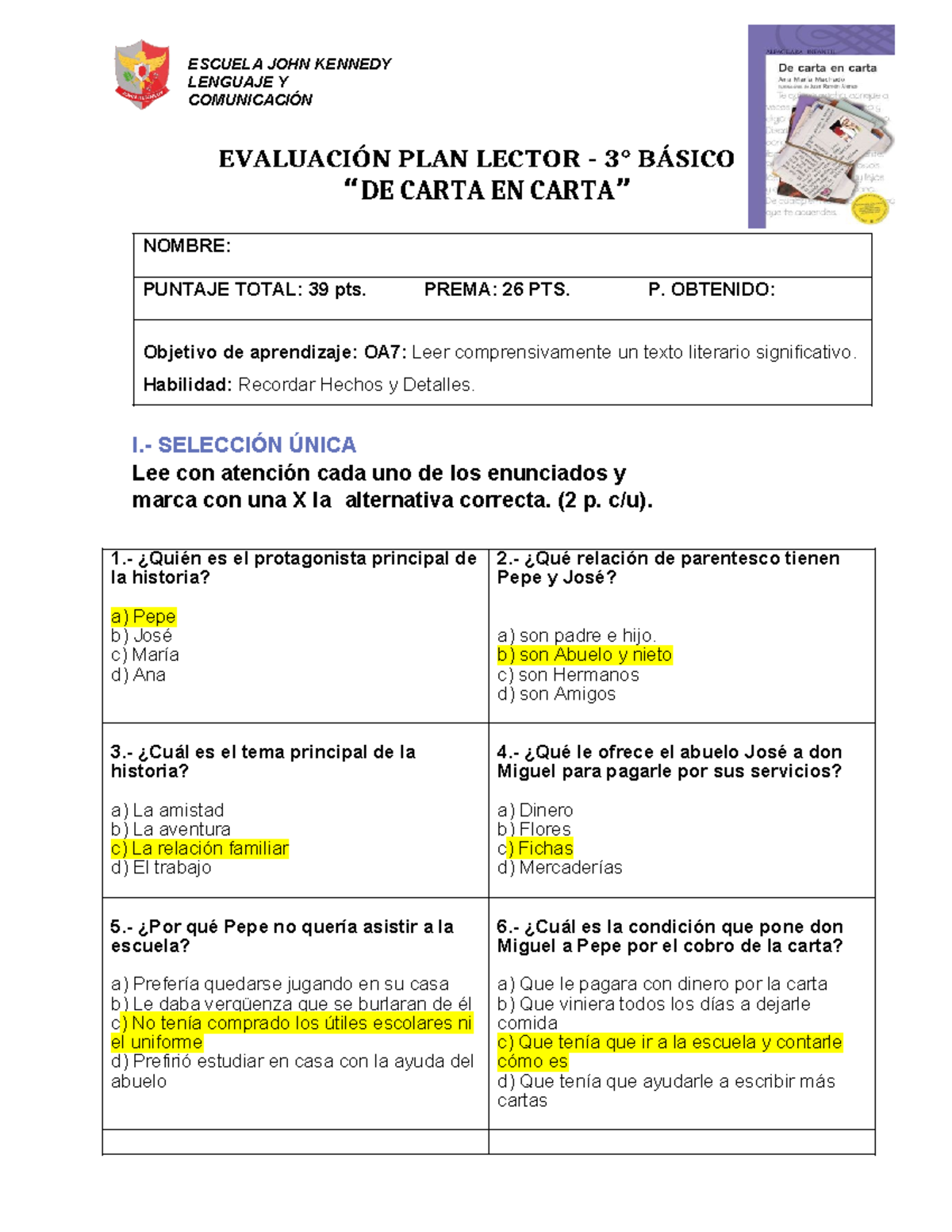 Evaluación Plan Lector - 3° Básico: De Carta en Carta - Studocu
