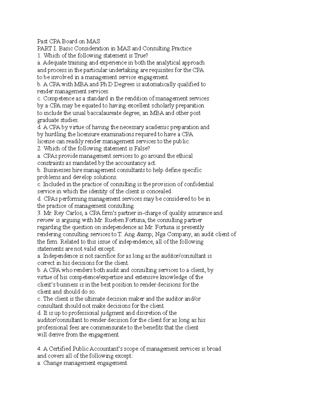 Quiz on Management Advisory Services (MAS) - CPA Exam Review - Studocu