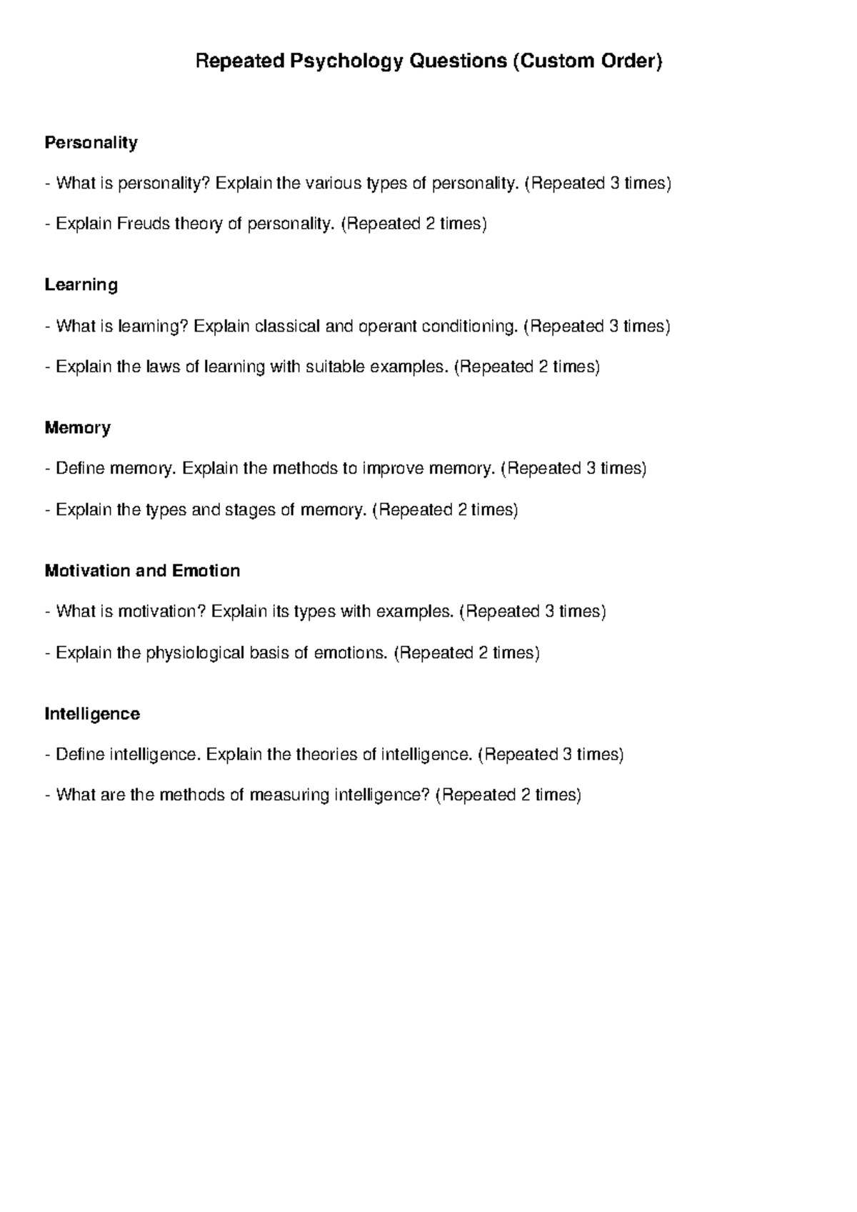 Psychology 101: Repeated Questions on Personality, Learning, Memory ...