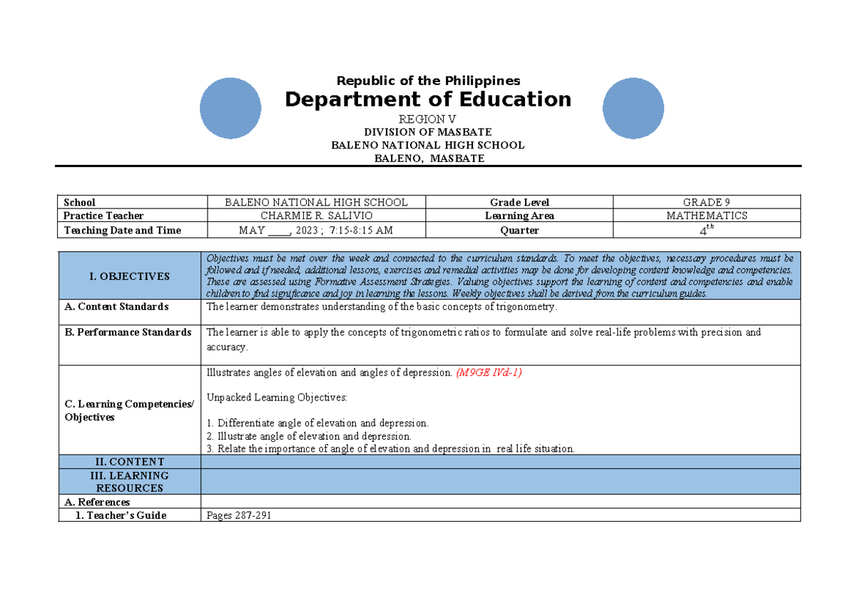 LP for Final DEMO 2: Teaching Angles of Elevation & Depression in Grade ...