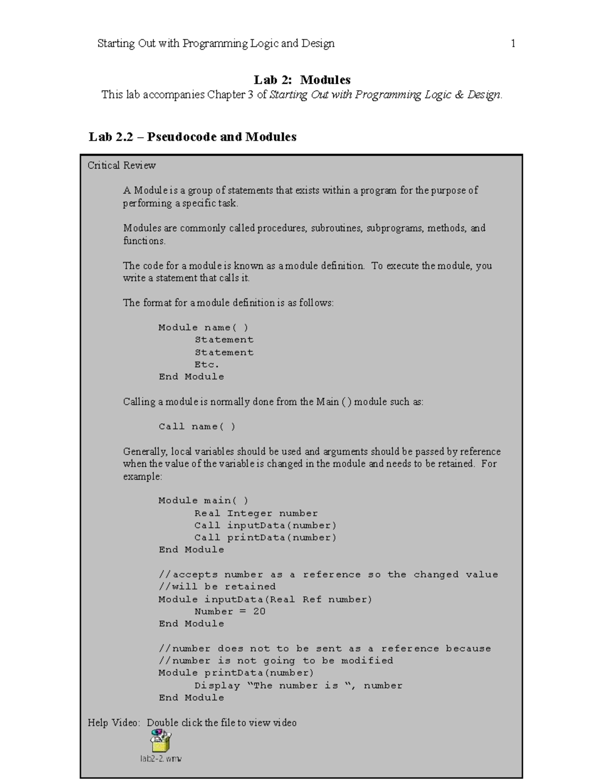 Lab 2: Modules and Pseudocode in Programming Logic Design - Studocu