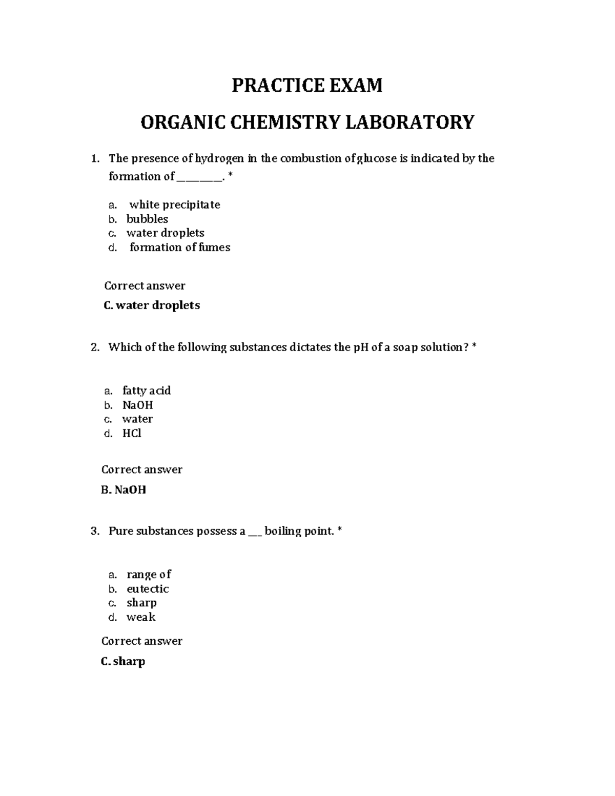 Practice Exam on Organic Chemistry Laboratory - WMSU - Studocu