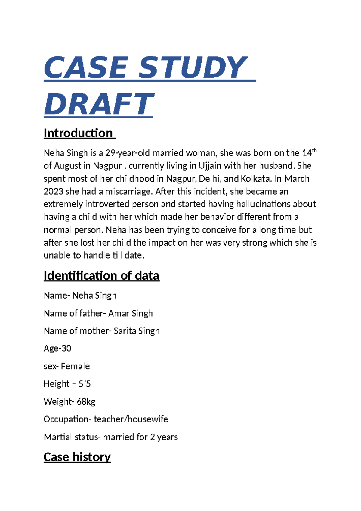 CASE STUDY DRAFT: Psychological Impact of Miscarriage on Neha Singh ...