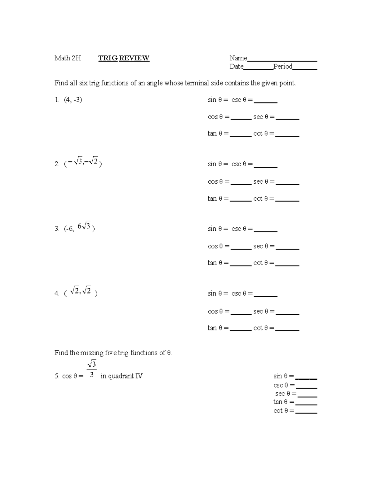 Math 2H Trigonometry Review: Finding Trig Functions & Angles - Studocu