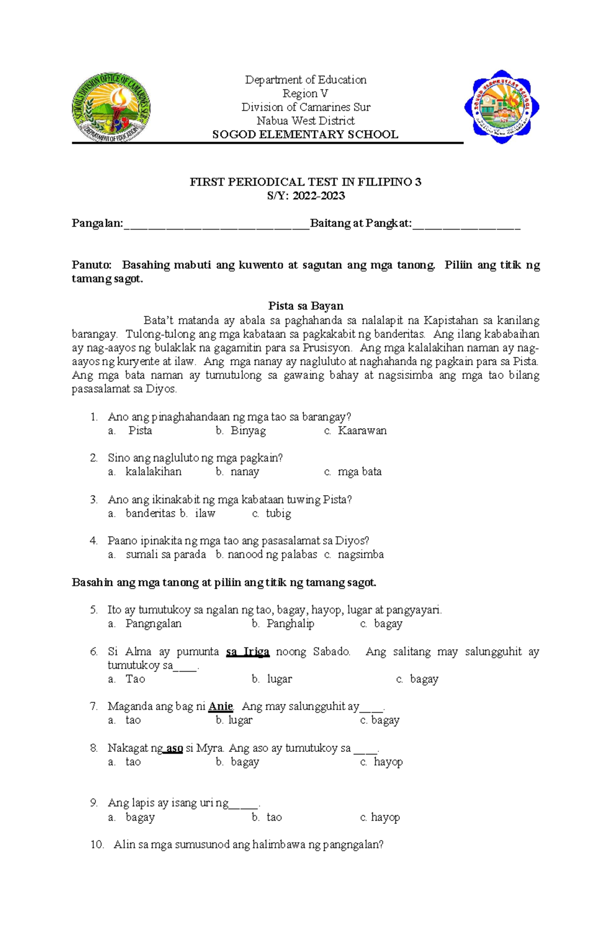 Filipino 3 First Periodical Test - Sogod Elementary School - Studocu