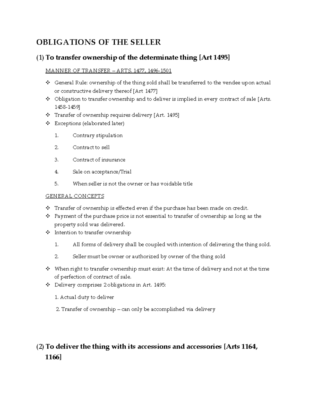 Law of Obligation 1.2 - OBLIGATIONS OF THE SELLER (1) To transfer ...
