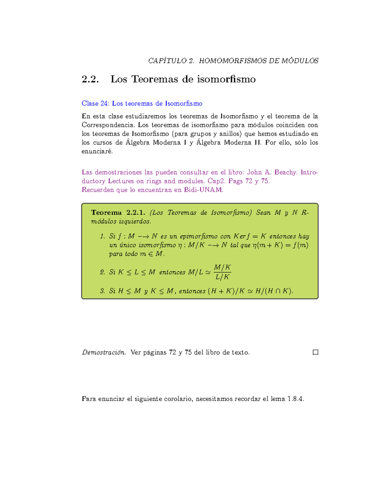 Clase 24 Los Teoremas de Isomorfismo - CAPÍTULO 2. HOMOMORFISMOS DE MÓDULOS 2. Los Teoremas de ...