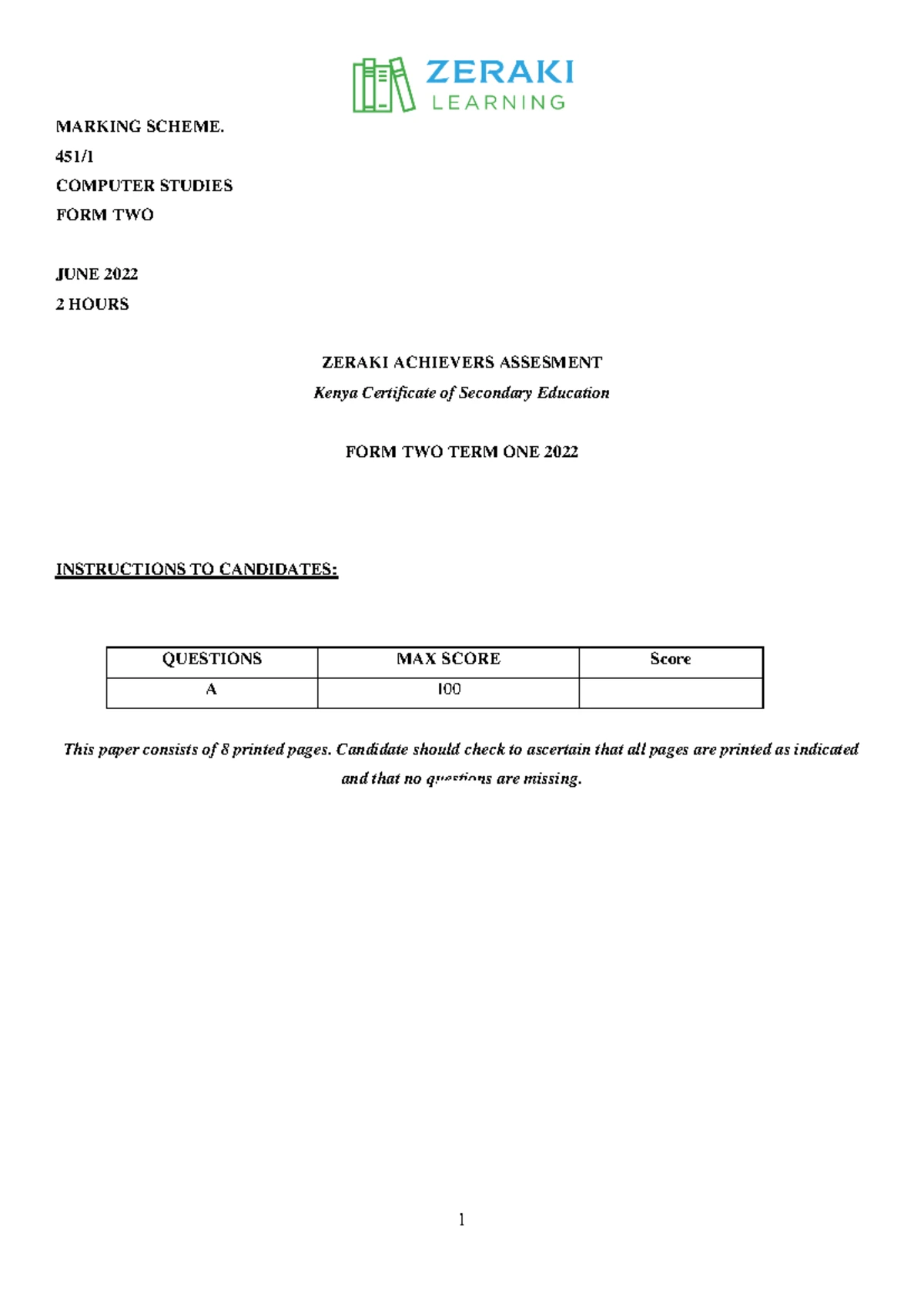 Computer Studies Form 3 - Final Exam Question Paper Code 052434 - Studocu