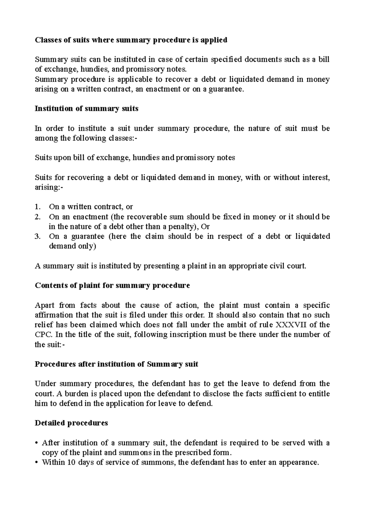 Summary suits - Classes of suits where summary procedure is applied ...