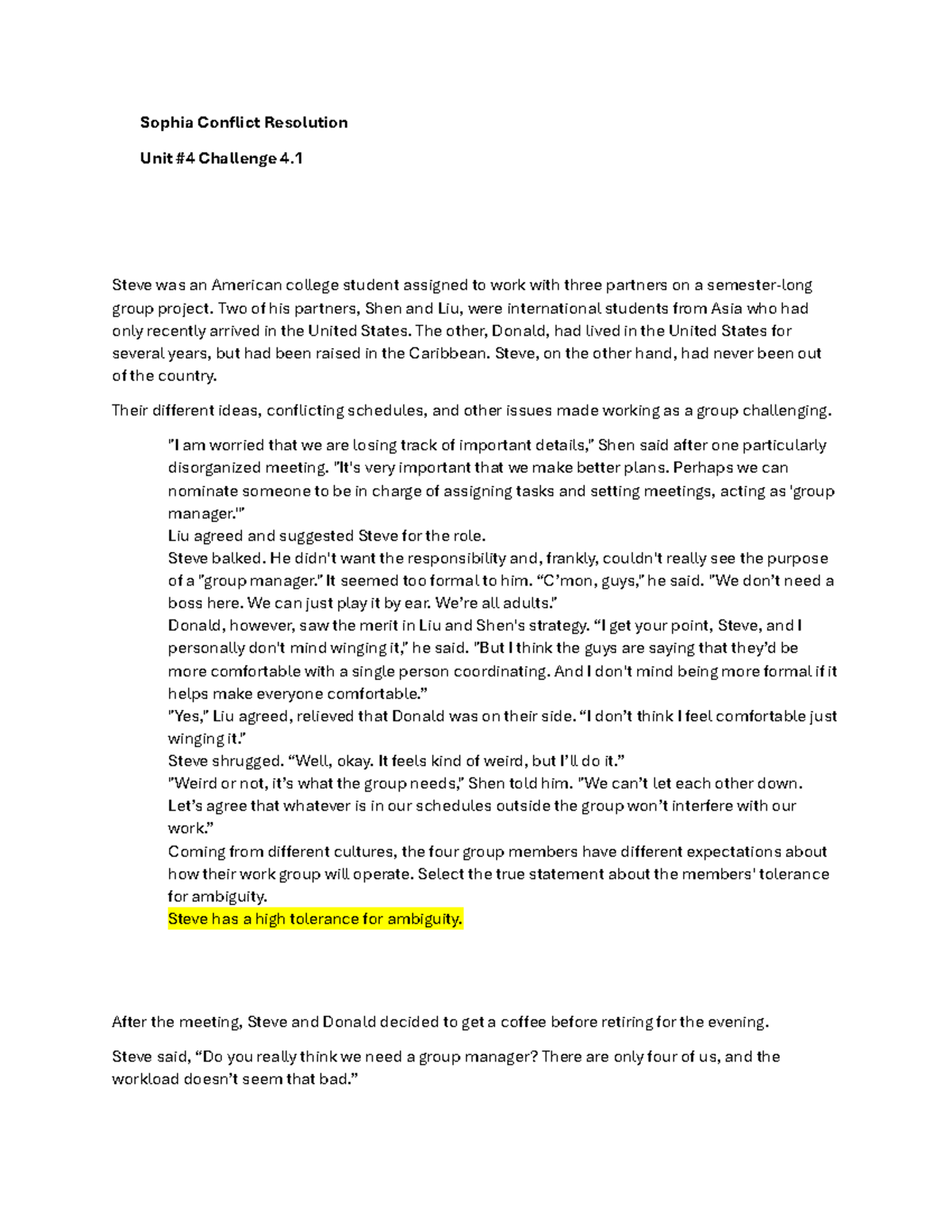 Sophia Conflict Resolution - Unit 4 Challenge Insights - Studocu