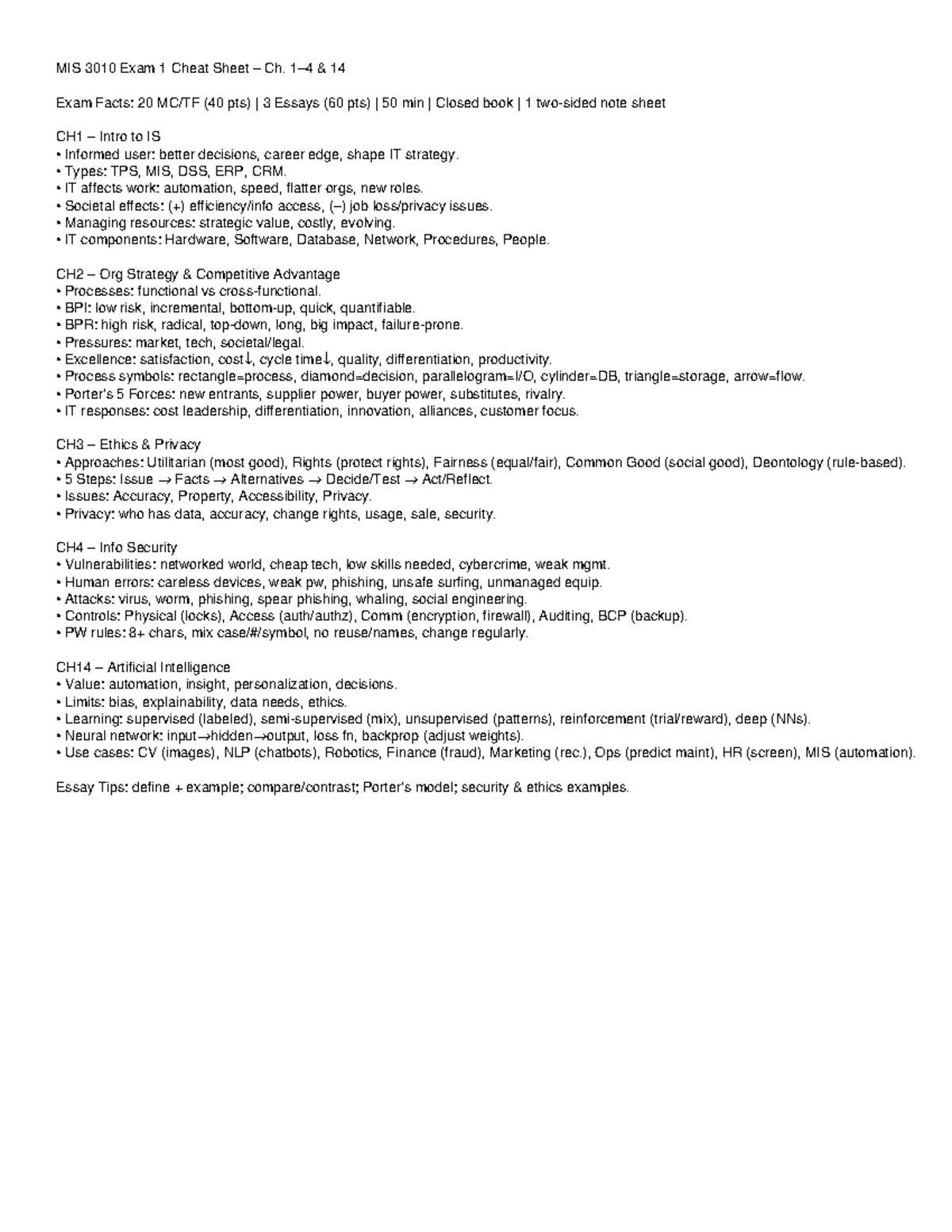 MIS 3010 Exam 1 Cheat Sheet: Key Concepts from Chapters 1-4 & 14 - Studocu