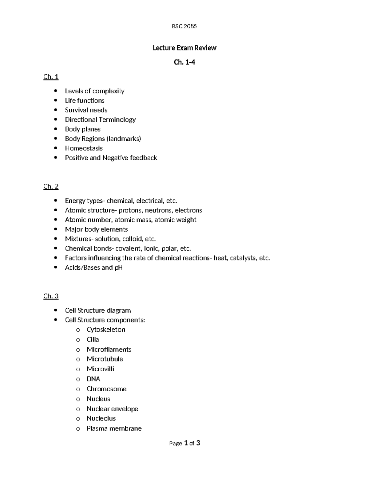BSC 2085 Lecture Exam Review: Chapters 1-4 Overview - Studocu