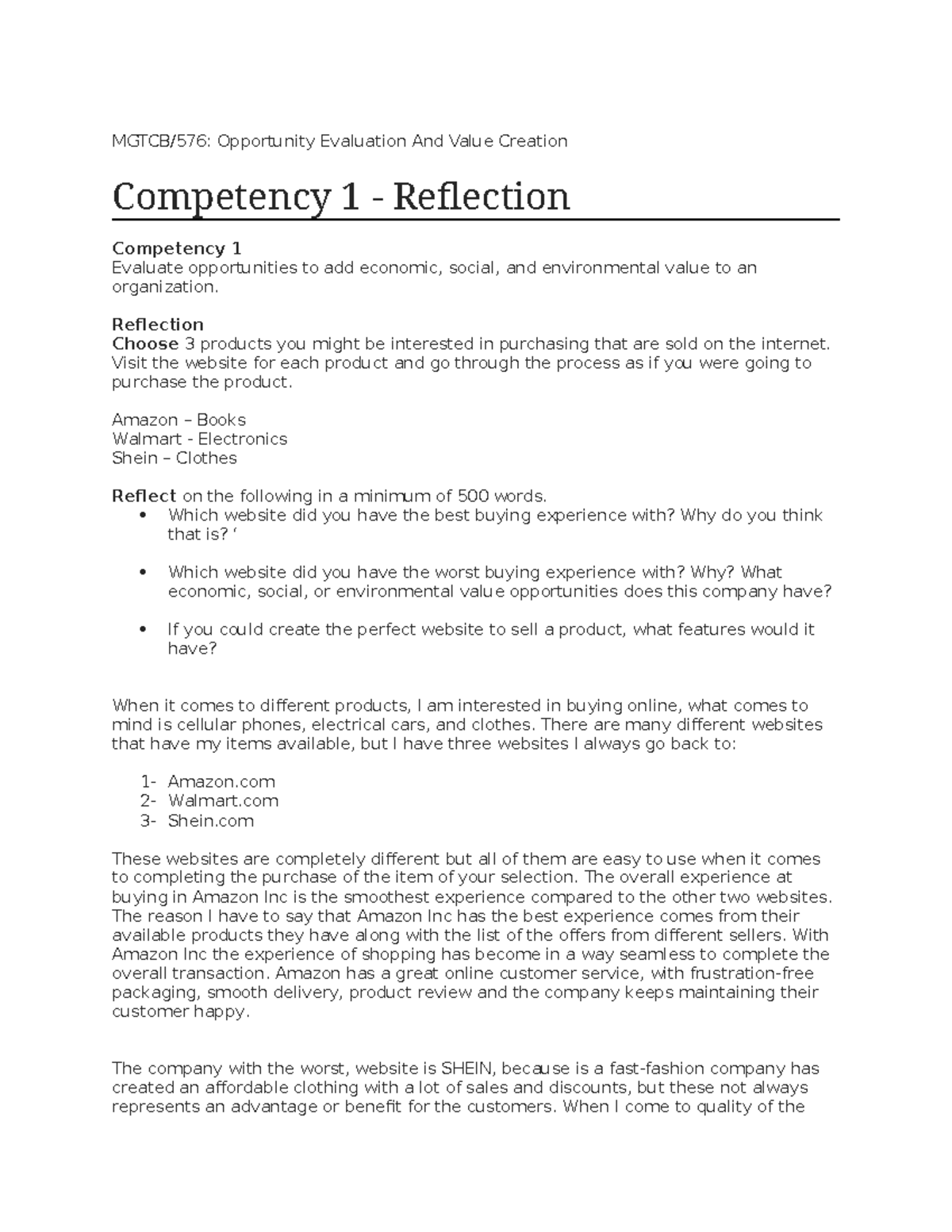 MGTCB:576 - Opportunity Evaluation and Value Creation Reflections - Studocu