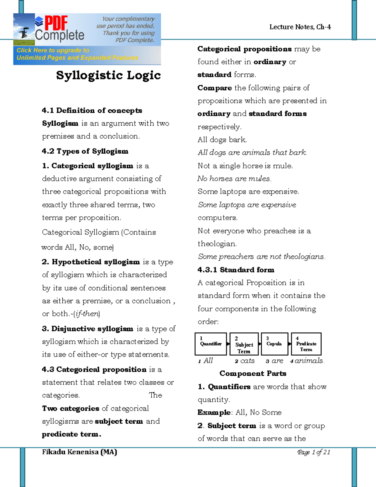 Logic chapter 2( argument ) - Chapter IV Syllogistic Logic 4 Definition of concepts Syllogism is ...