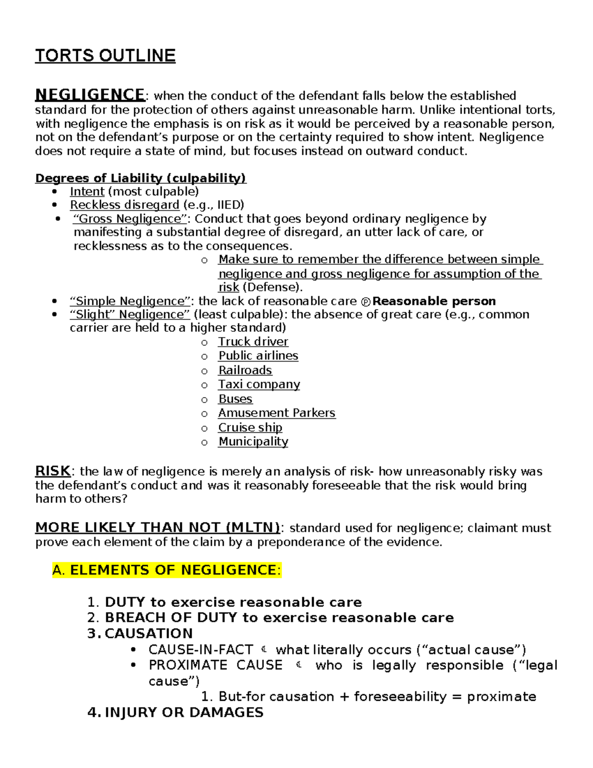 TORTS 101: Comprehensive Outline on Negligence Principles and Liability ...