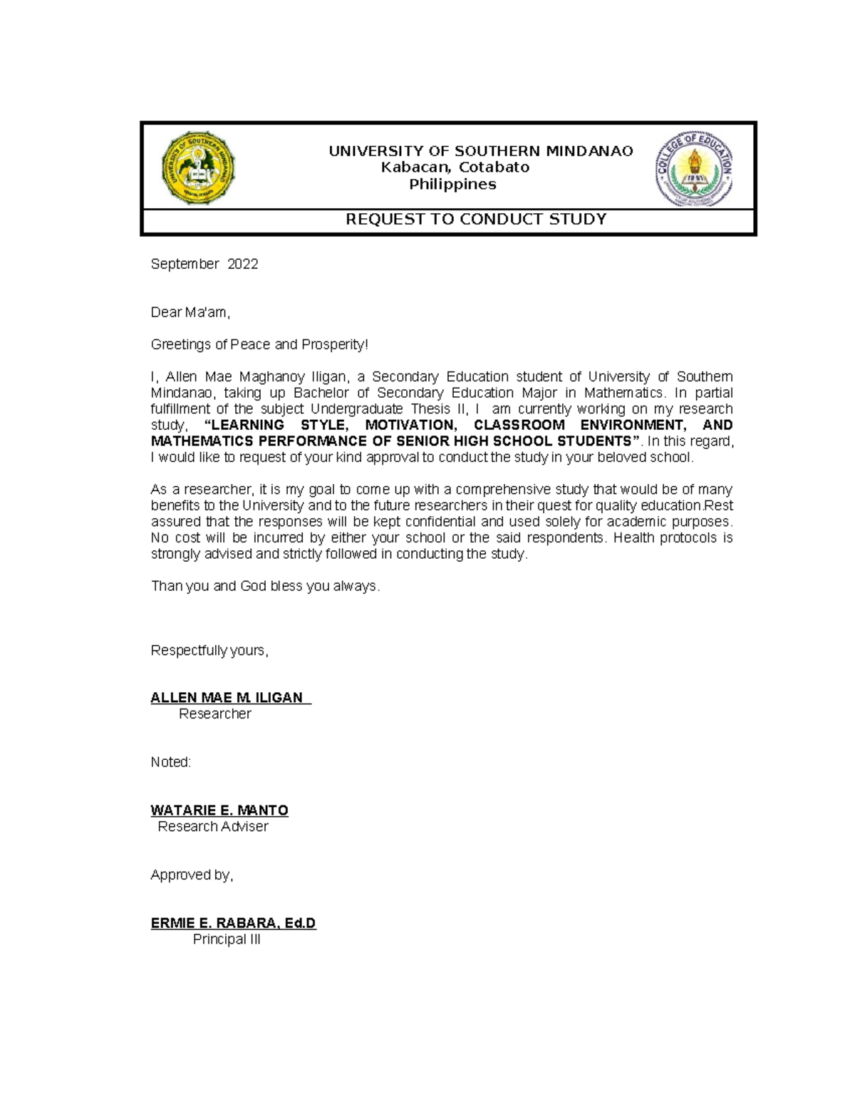 Letter-Request to Conduct - Kabacan, Cotabato Philippines REQUEST TO ...