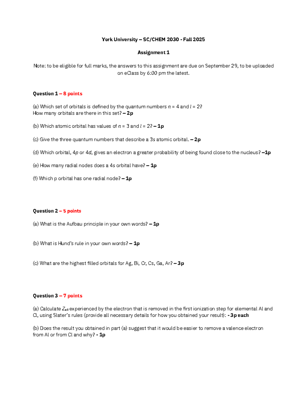 Chem 2030 F25 A1 - Assignment 1 Notes and Solutions - Studocu