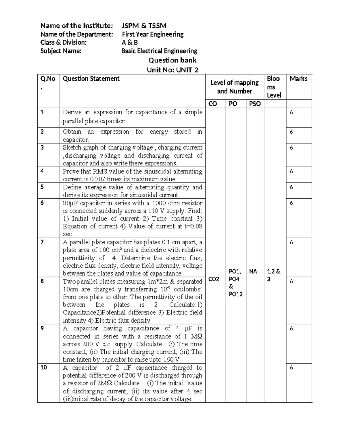 Question Bank for Basic Electrical Engineering Unit 2 - BEE101 - Studocu