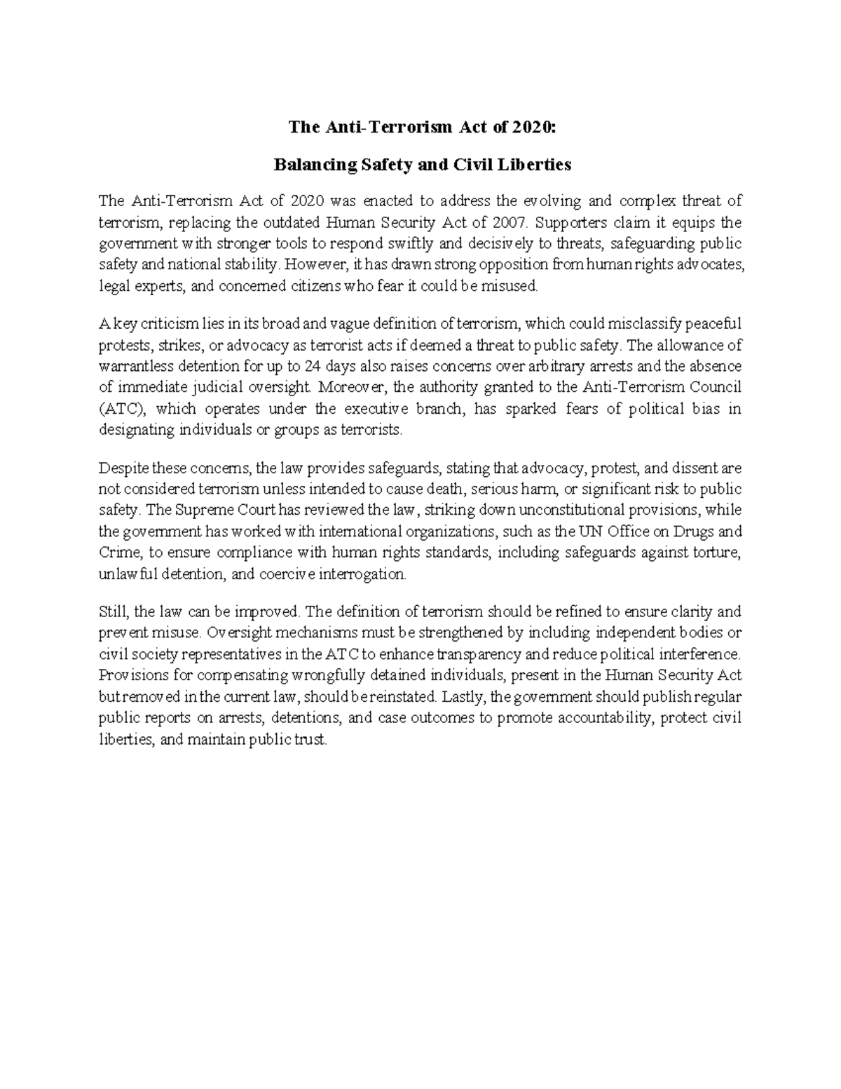 Position Paper on the Act of 2020: Safety vs. Civil Liberties - Studocu
