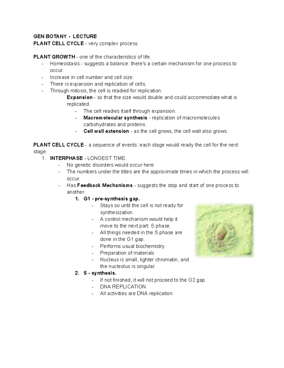 GEN BOTANY LECTURE: PLANT CELL CYCLE & DNA REPLICATION NOTES - Studocu