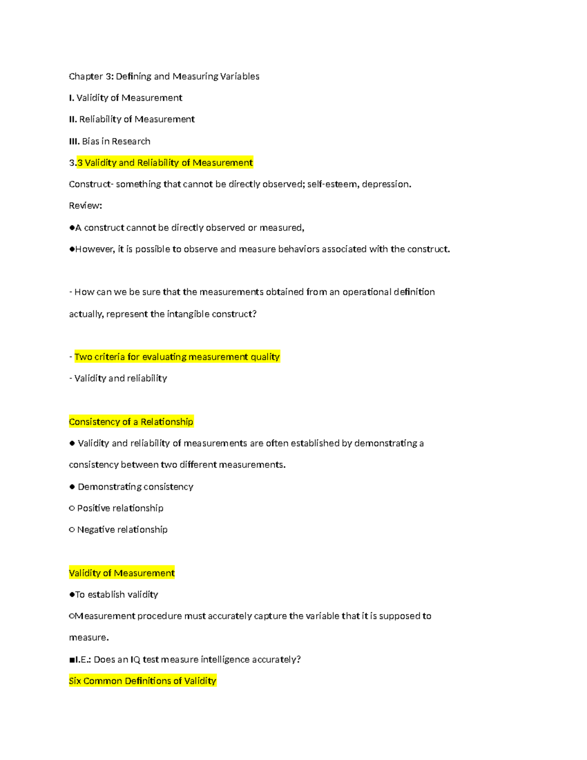Chapter 3 BSRM - its a doc - Chapter 3: Defining and Measuring Variables I. Validity of ...