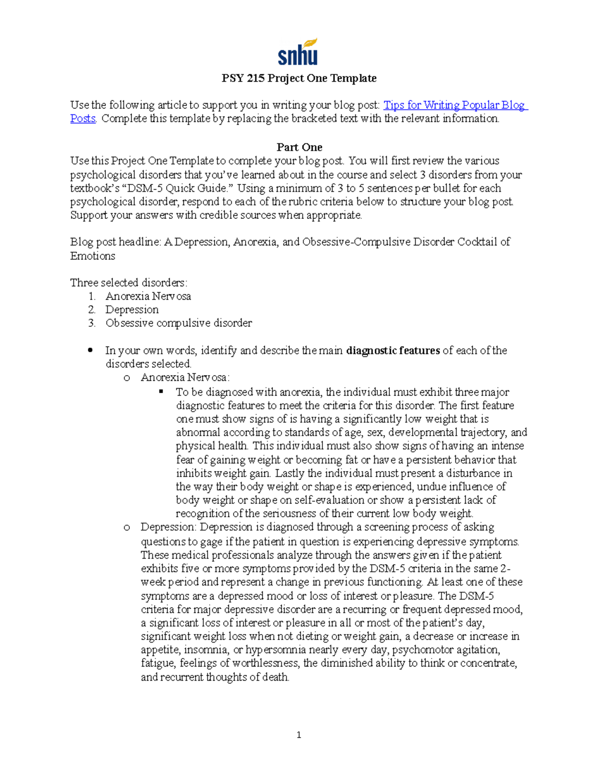 PSY 215 Project One Template - PSY 215 Project One Template Use the following article to support ...