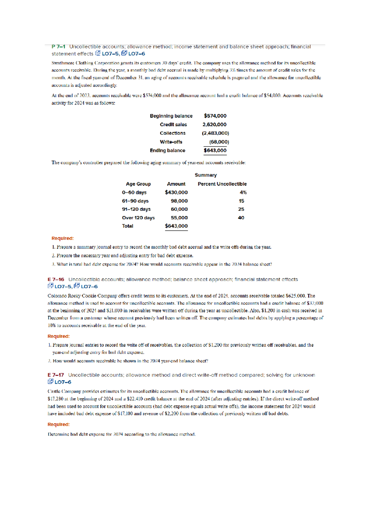 Exercise AR chpter 7 - Uncollectible allowance income statement and ...