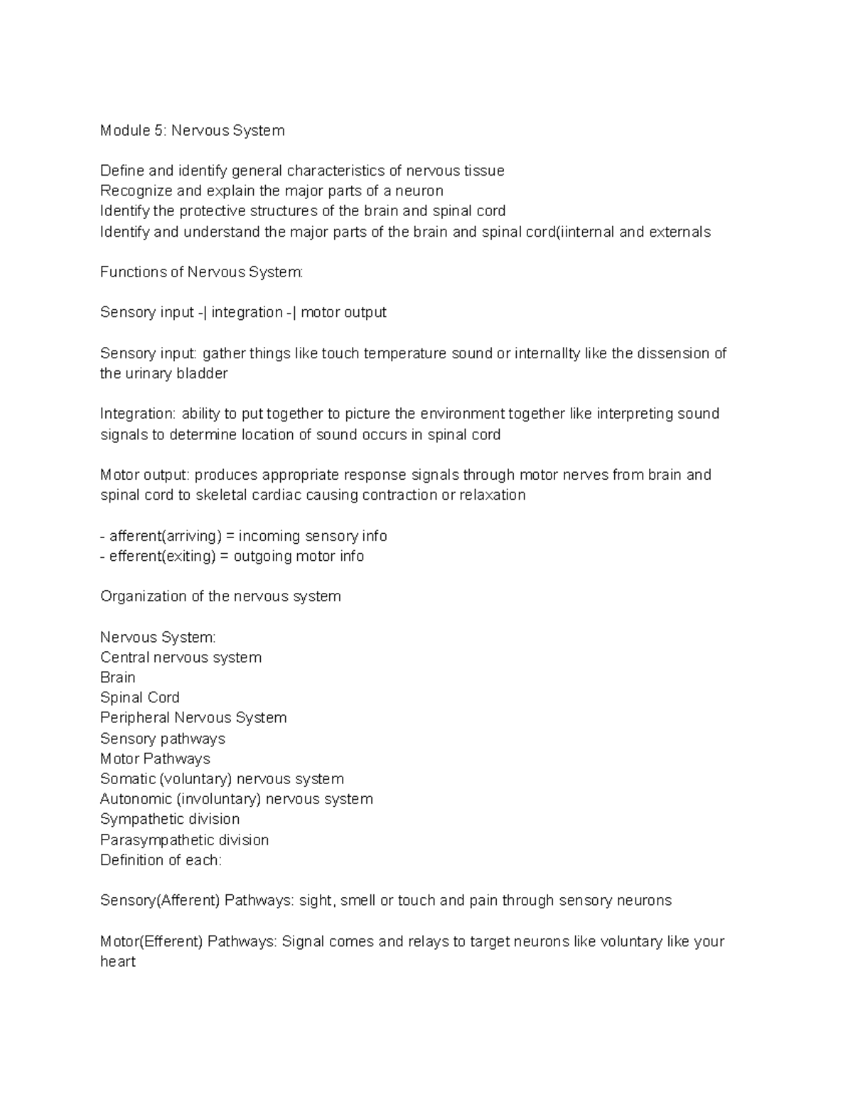 MOD 5 Study sheet - Module 5: Nervous System Define and identify ...