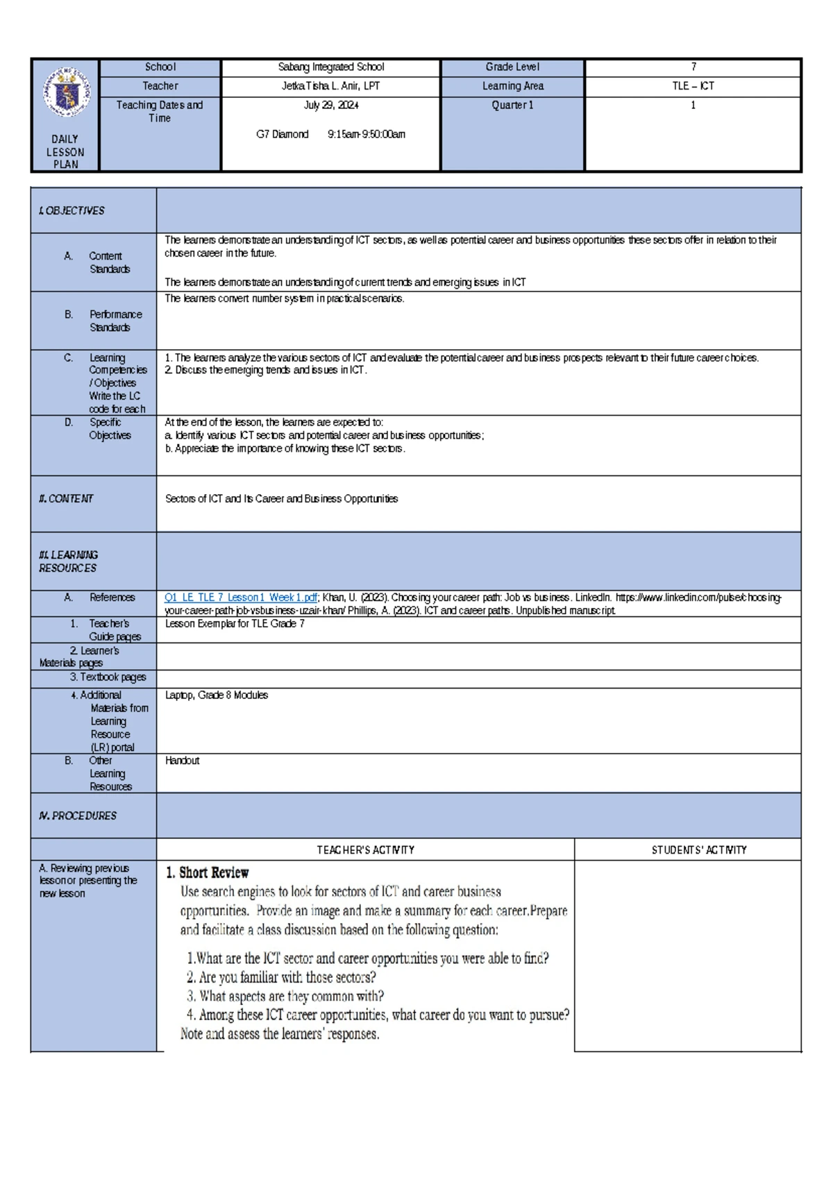 TLE-7-DLP-Q1 L2 - Exploring ICT Sectors and Career Opportunities - Studocu