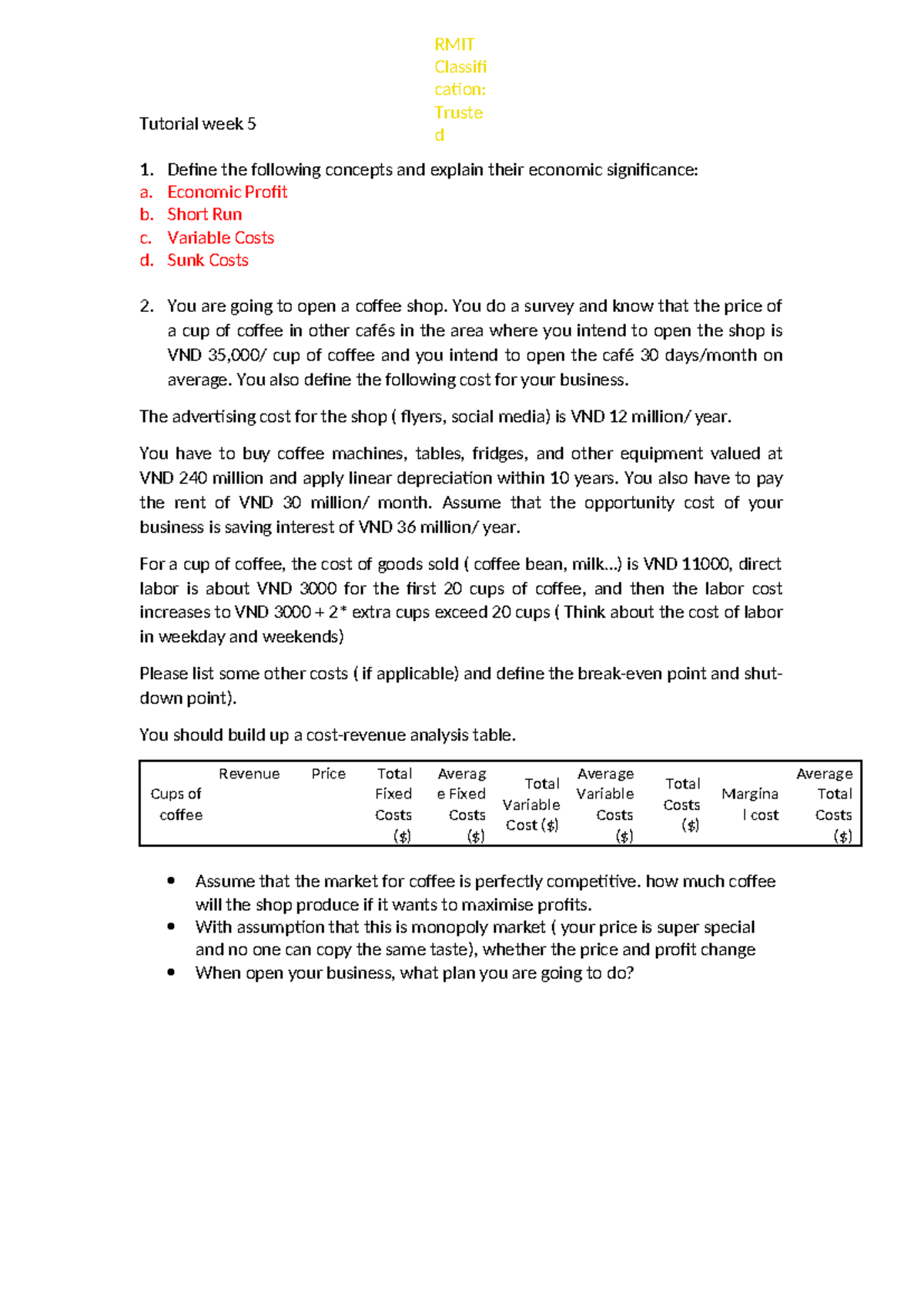 RMIT Ecom 101 - Tutorial Week 5: Economic Concepts & Cafe Business Plan ...