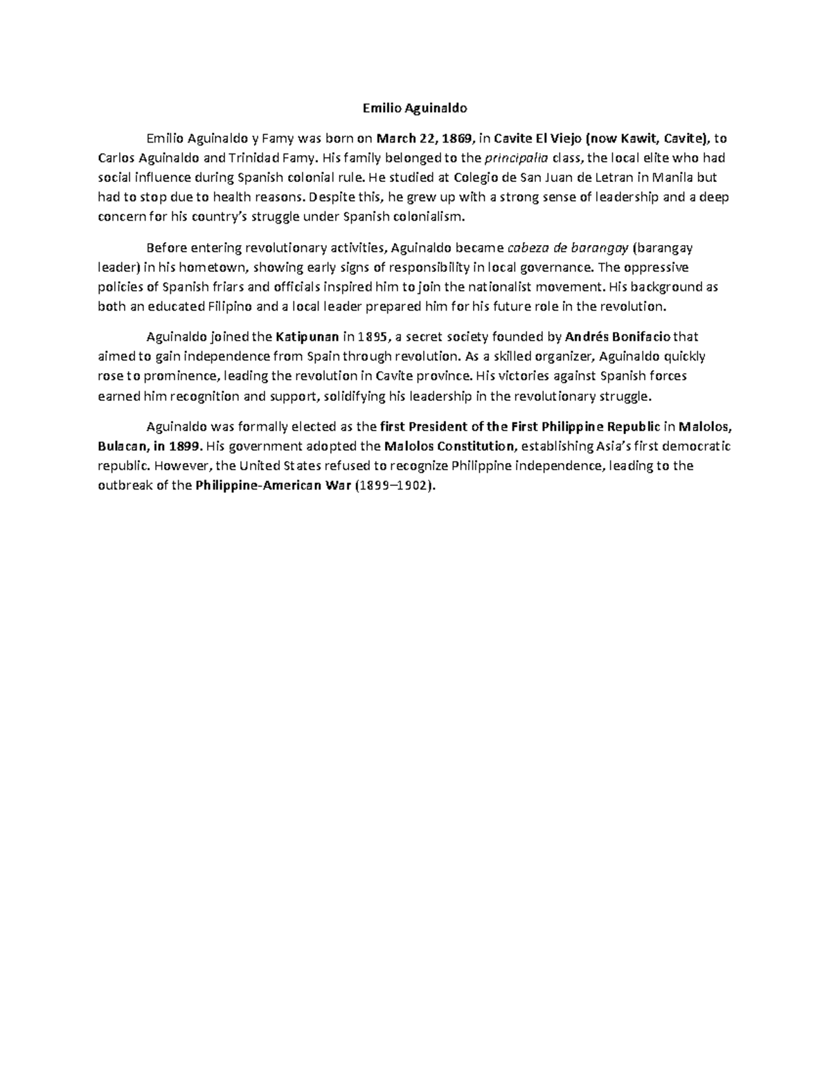 Emilio Aguinaldo: Leader of the Philippine Revolution - Studocu