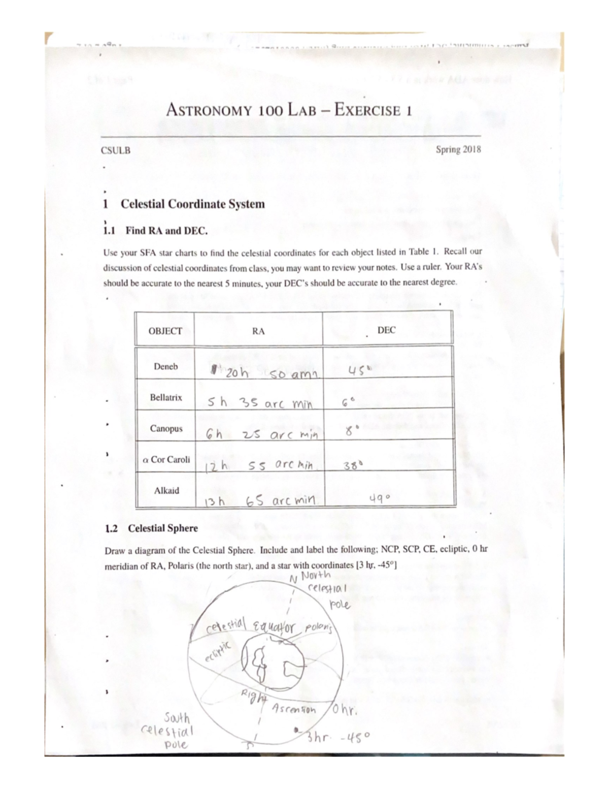 Astronomy 100 LAB Exercise 1 [1464] - ASTRONOMY 100 LAB EXERCISE 1 ...