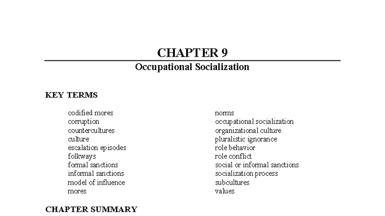 Chapter 9 Study Guide: Understanding Occupational Socialization in ...
